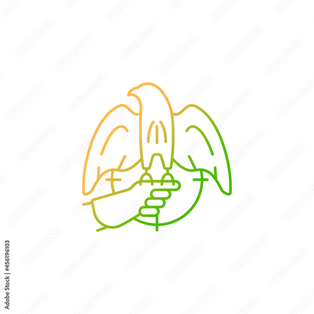 Falconry hunting gradient linear vector icon. Trained hawk, eagle captures small animals. Bird ...