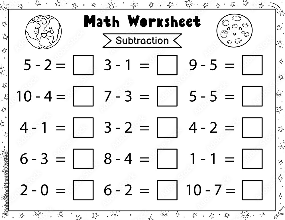 Math worksheet for kids. Subtraction. Space black and white mathematic ...