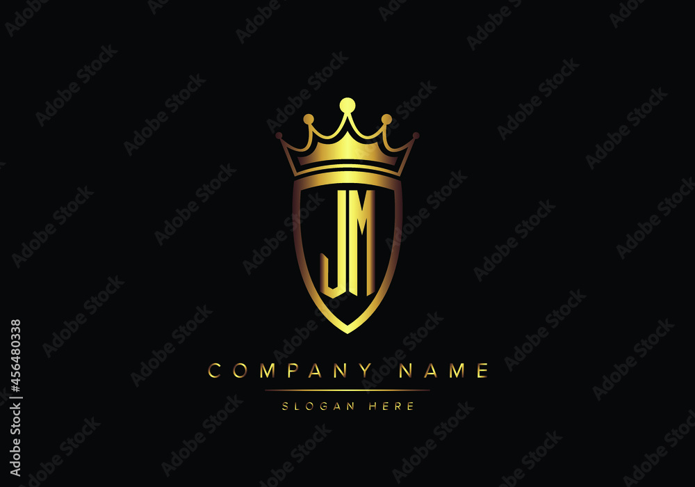 Alphabet letters JM monogram logo, gold color, shield style, luxury style, vector illustration ...