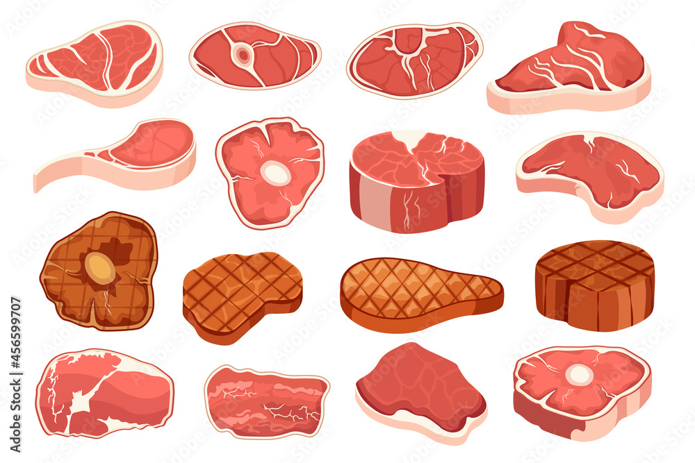 Set of Icons Raw and Grilled Steak Chops. Meat Sirloin Roast and Fresh ...