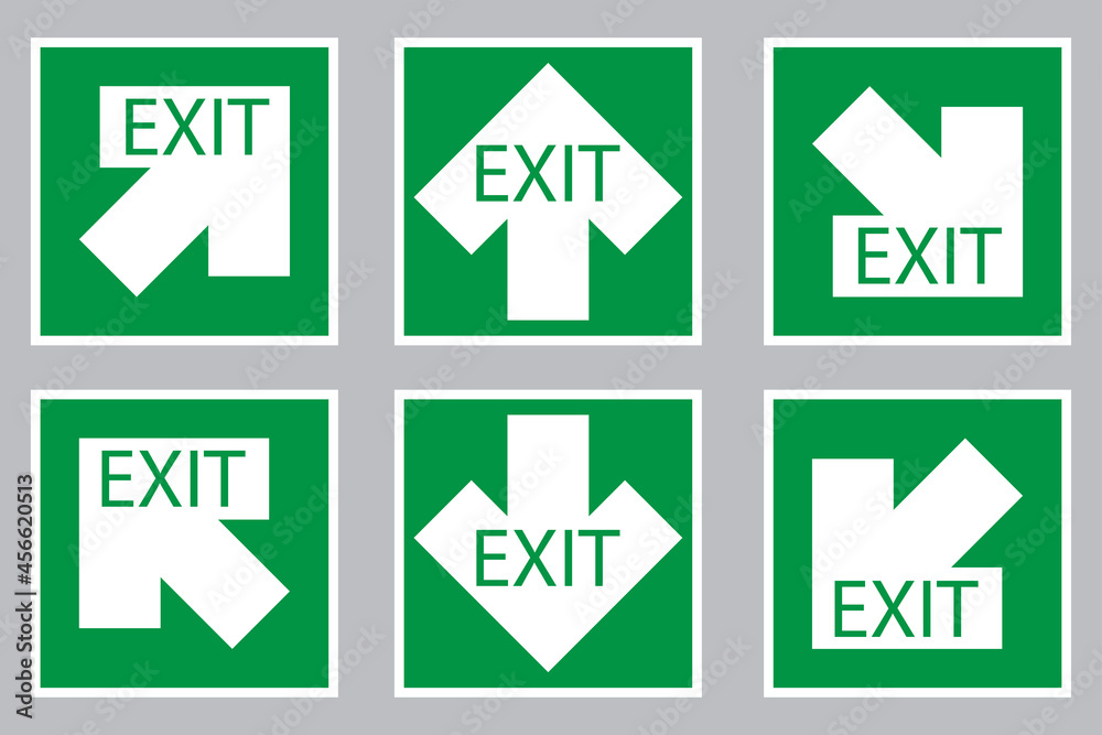 Exit sign with white arrow up, down, diagonal on green background ...