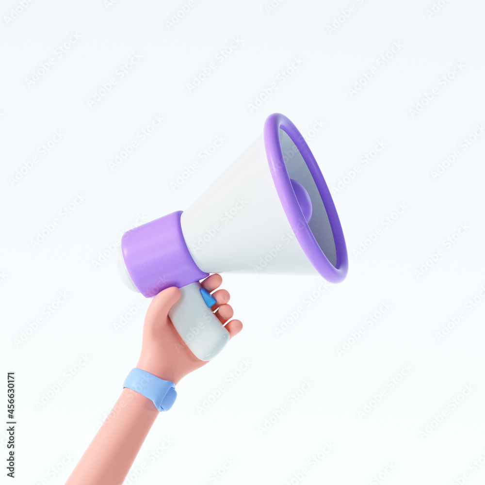 3D Cartoon hand holding megaphone on isolated white background with ...