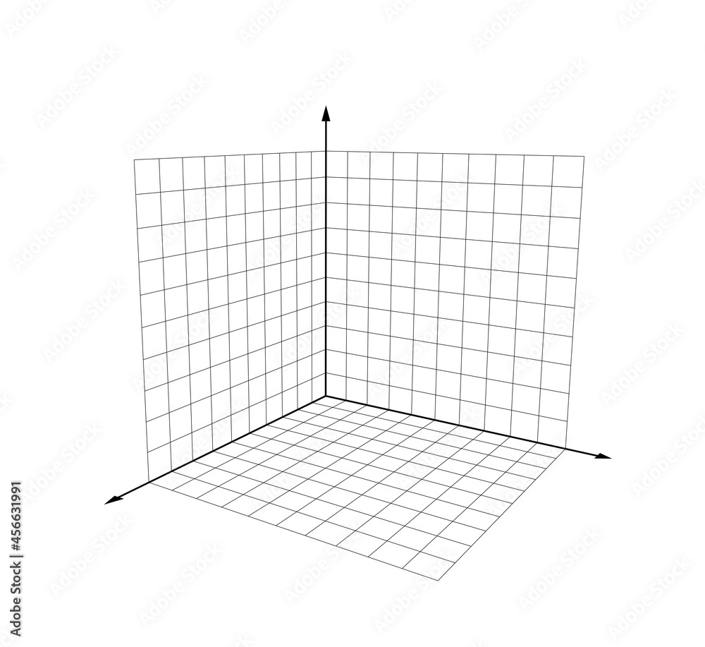 3d coordinate axis xyz, 10x10 blank grid isolated on white background ...