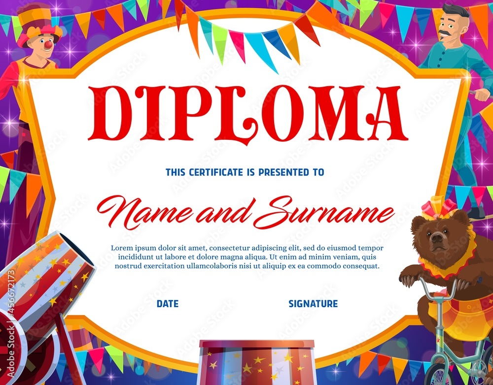 Kids education diploma with shapito circus characters vector frame ...