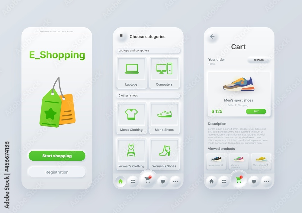 Neomorphic goods shopping and order application interface. Mobile app ...