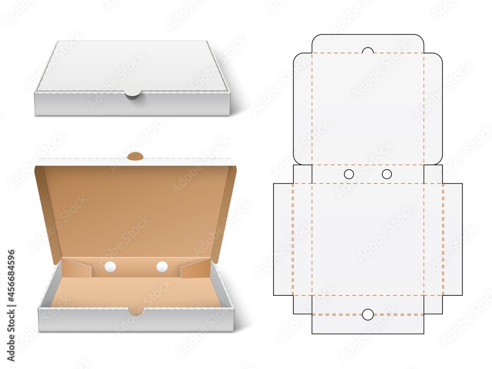Unwrapped pizza box. Realistic 3d white cardboard fast food packaging ...