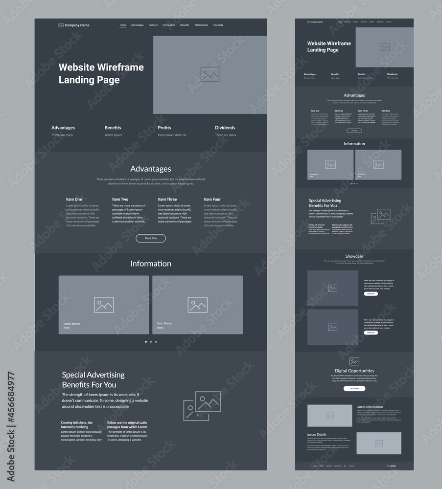 Website template landing page design. Dark site wireframe layout ...
