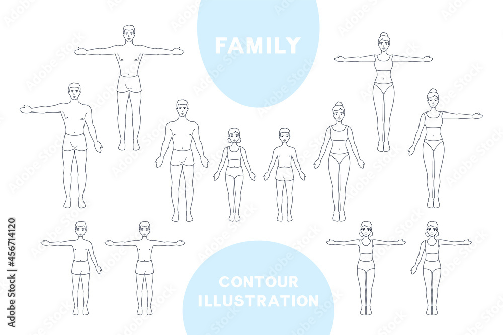 Family body anatomy contour illustration. A man, a woman, children a ...