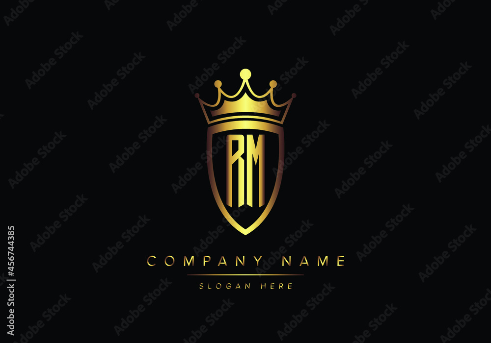 Alphabet letters RM monogram logo, gold color, shield style, luxury ...