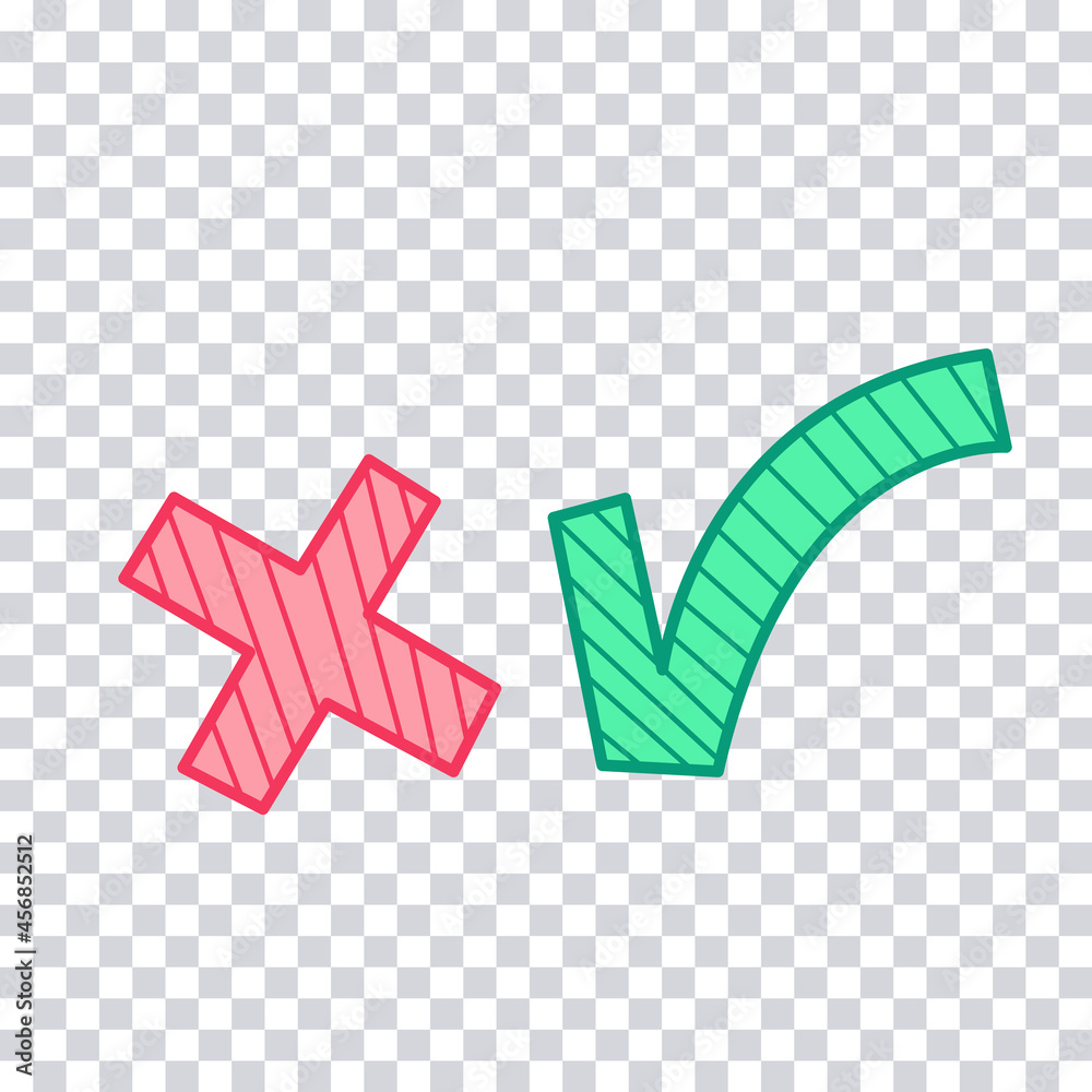 Hand drawn tick and cross isolated on transparent background. Color ...