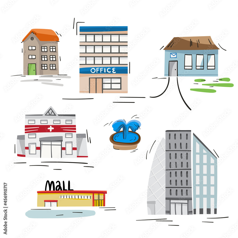 Cartoon vector set elements hospital, office, mall, city, post office ...