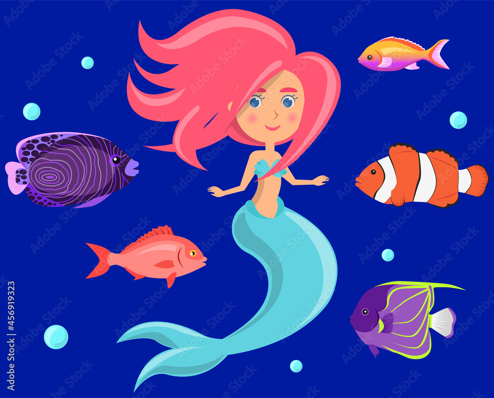 Mermaid with group of colored fish and swims in blue water. Cartoon ...