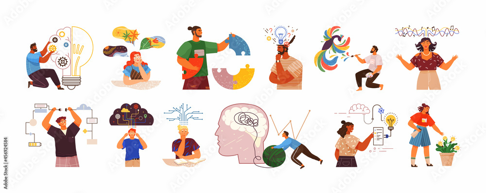 Mind behavior concept. Creative thinking. People with different mental ...