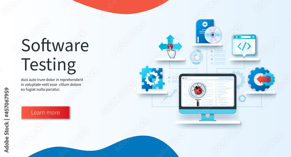 Software testing concept. Computer with magnifying glass and bug icons ...