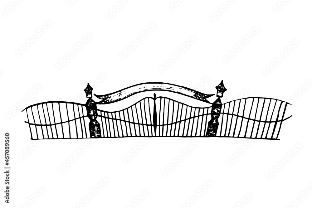 vintage drawing of iron gate with blank sign on top - drawing in ...