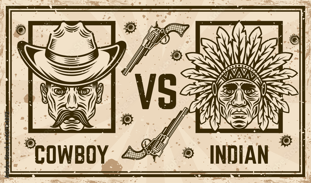 Cowboy versus native indian chief vector confrontation horizontal ...