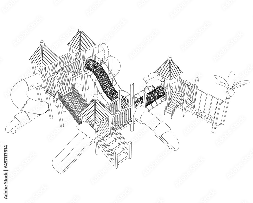 Outline of a playground with slides from black lines isolated on a ...