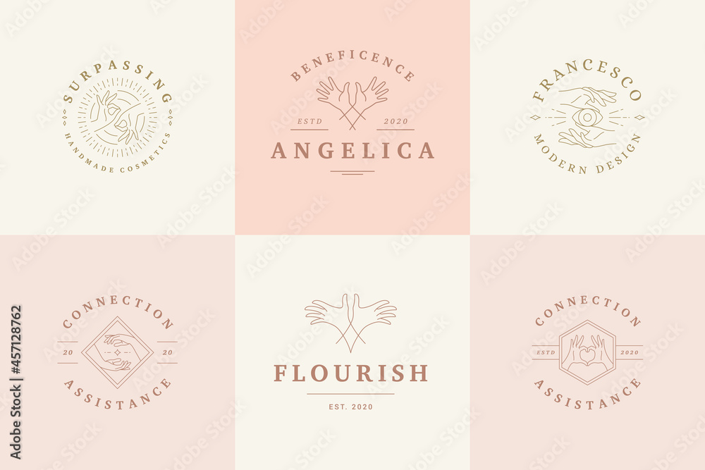 Feminine logos emblems design templates set with female hands gestures ...