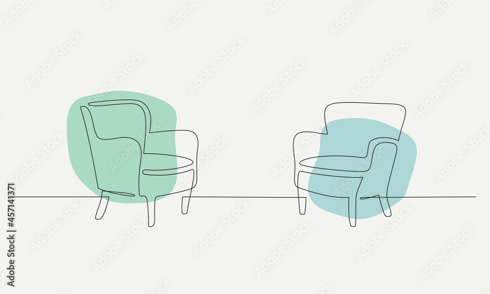 One continuous line drawing of two armchairs. Interior concept Vector ...