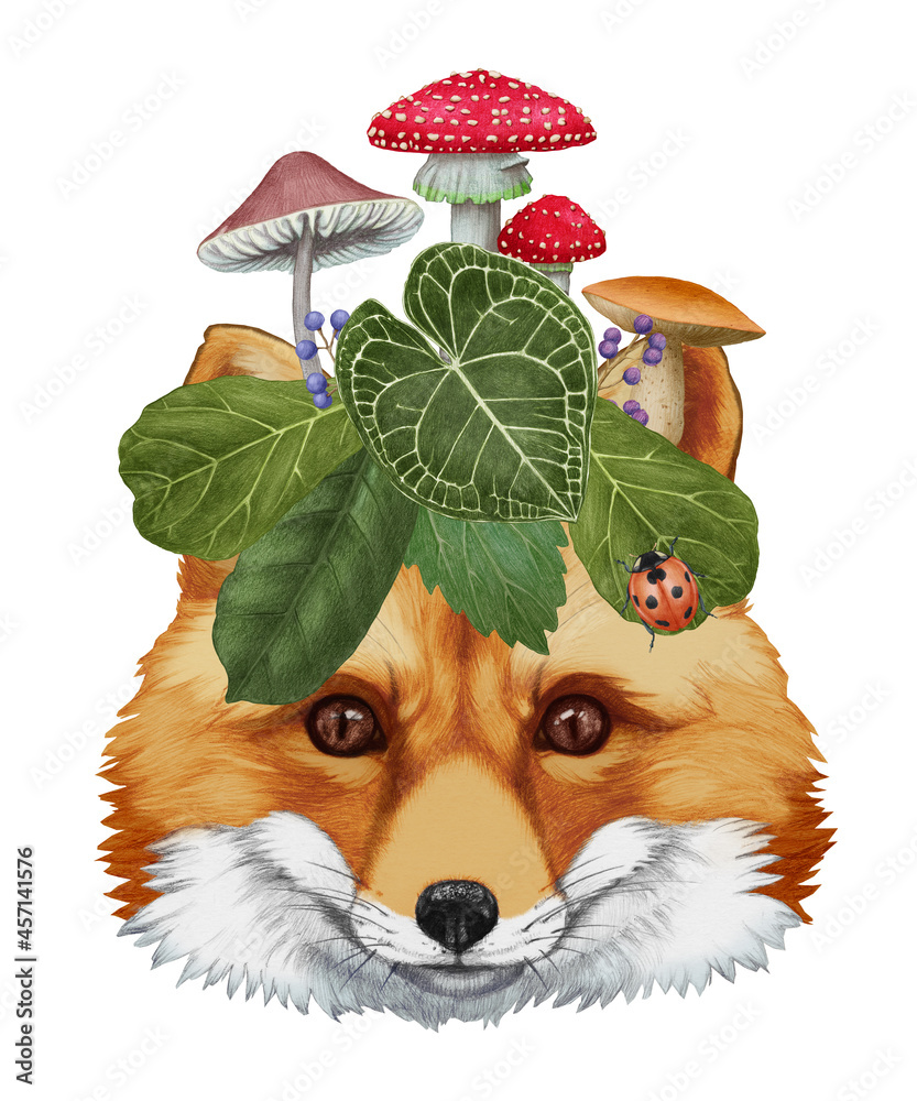 Portrait of Fox with a forest crown. Hand-drawn illustration, digitally ...