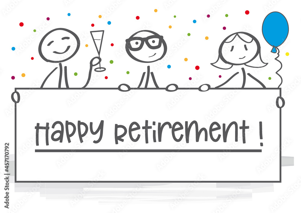 Happy Retirement - stick figures with banner Stock Vector | Adobe Stock