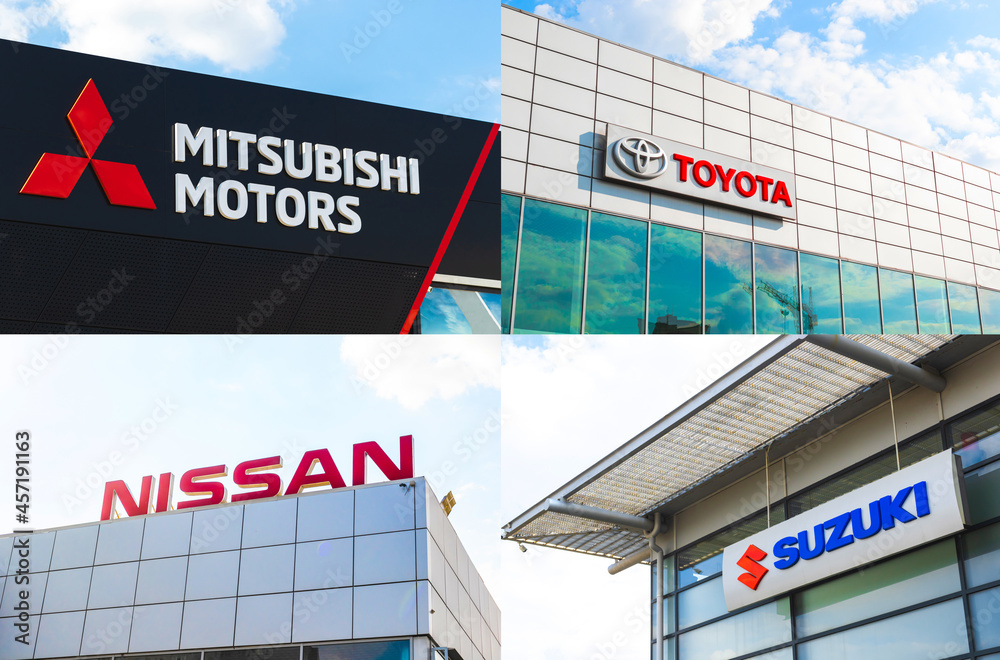 Japan car dealership buildings with brand logo, collage background ...