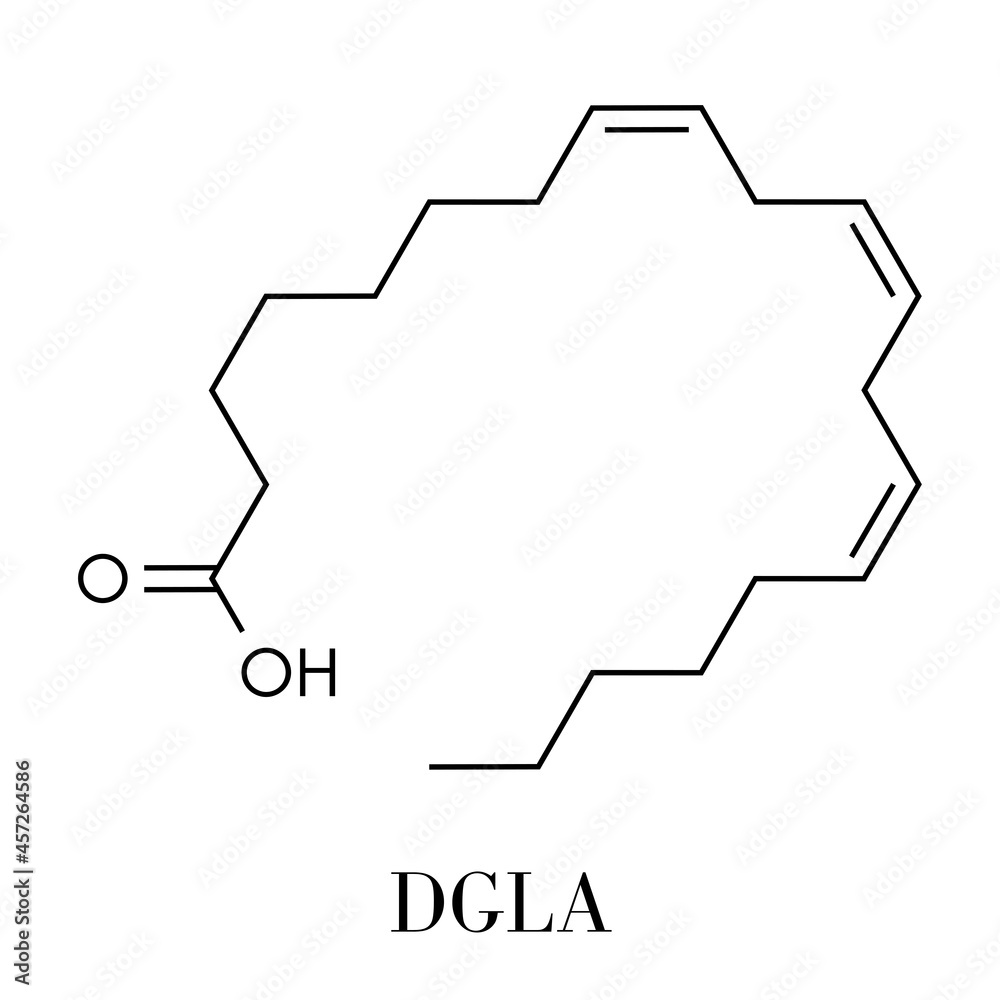Dihomo-γ-linolenic acid (DGLA) fatty acid molecule. Omega 6-fatty acid ...