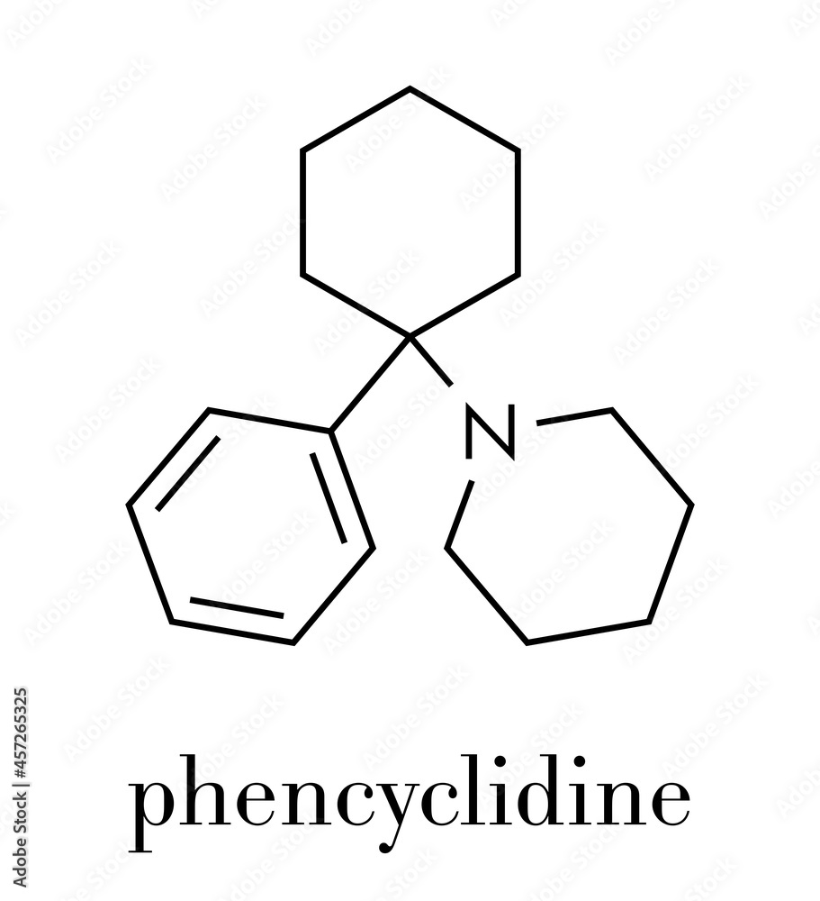Phencyclidine (PCP, angel dust) hallucinogenic drug molecule. Skeletal ...