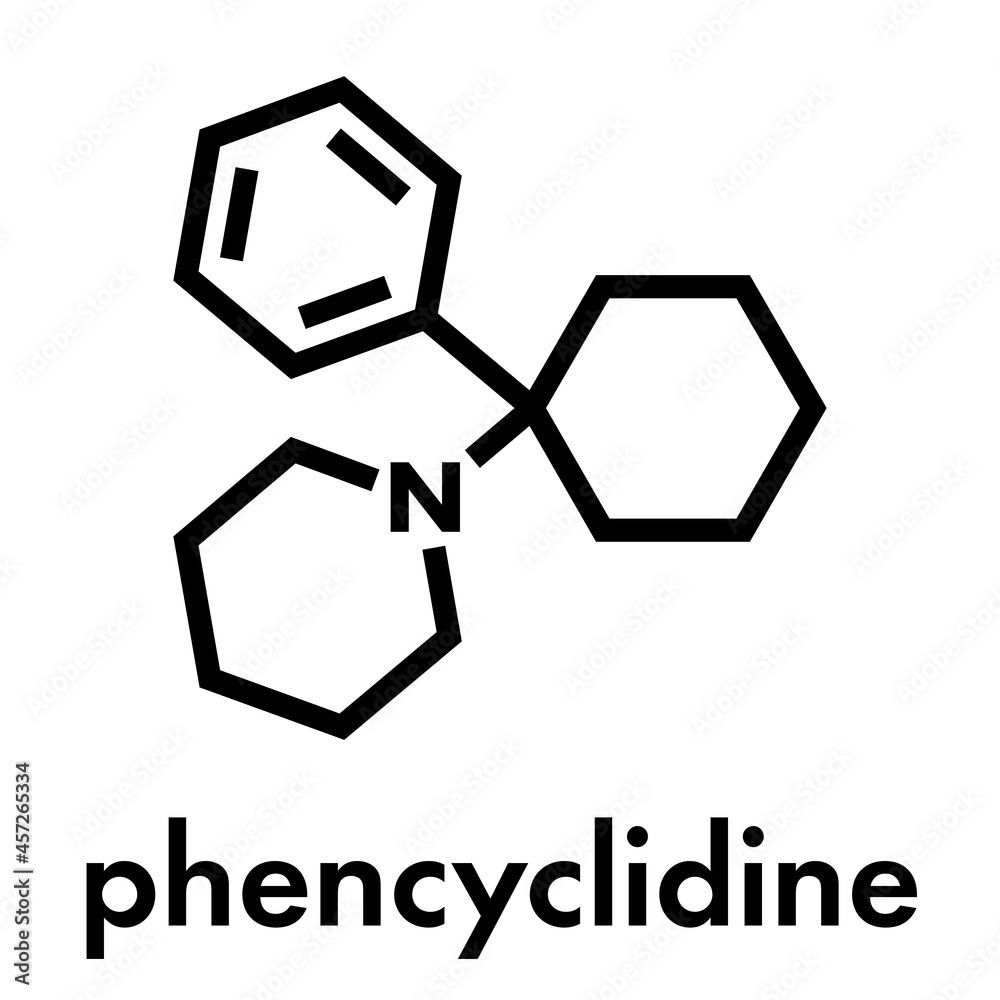 Phencyclidine (PCP, angel dust) hallucinogenic drug molecule. Skeletal ...