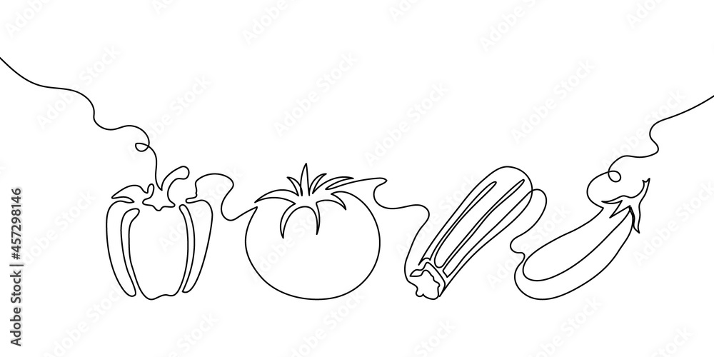 Vegetables one line set. Continuous line drawing of tomato, bell pepper ...
