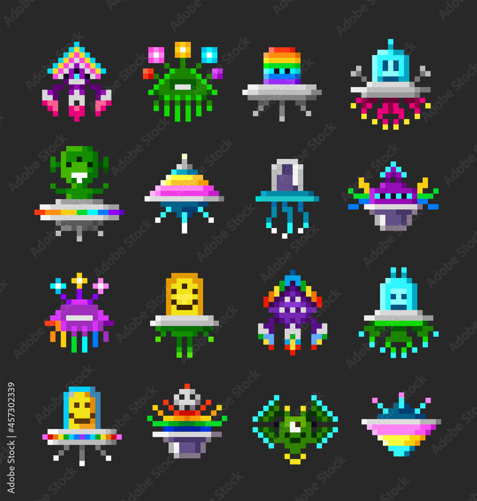 Vektor Colorful pixel art space monsters and ufo aliens - vector icons ...