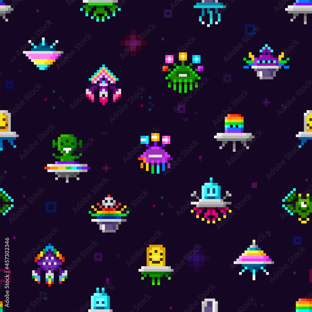 Pixel Art space monsters and ufo aliens - cute colorful vector seamless ...