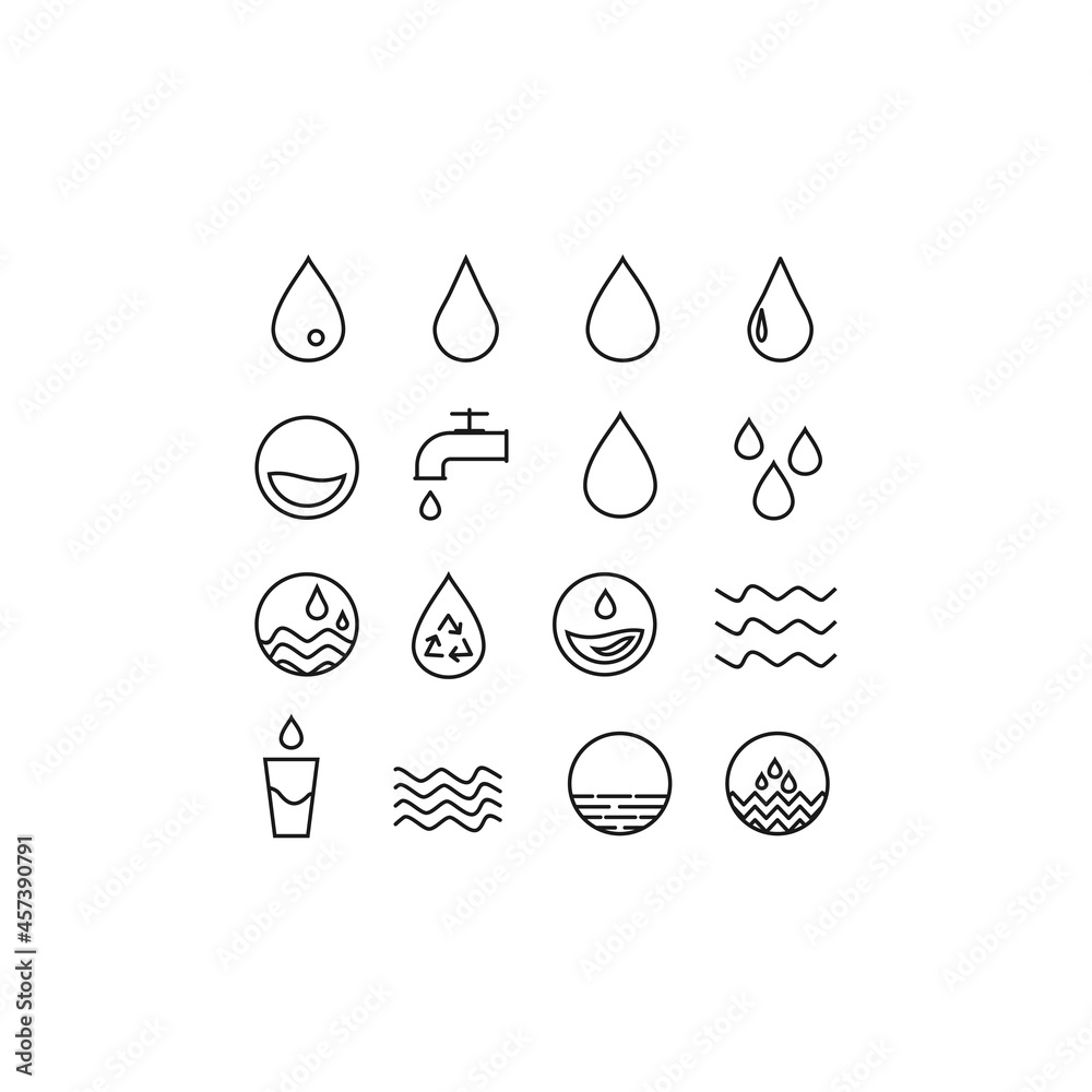 Set of water in modern thin line style. High quality black outline drop ...