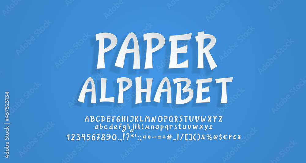 Realistic 3d paper alphabet and numbers. Hand drawn cartoon font white ...