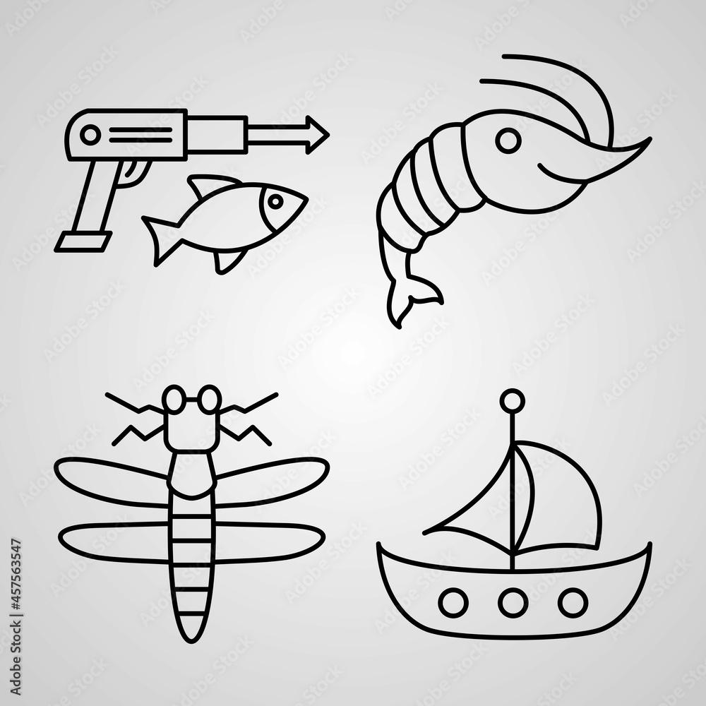 Collection of Fishing Symbols in Outline Style Stock Vector | Adobe Stock
