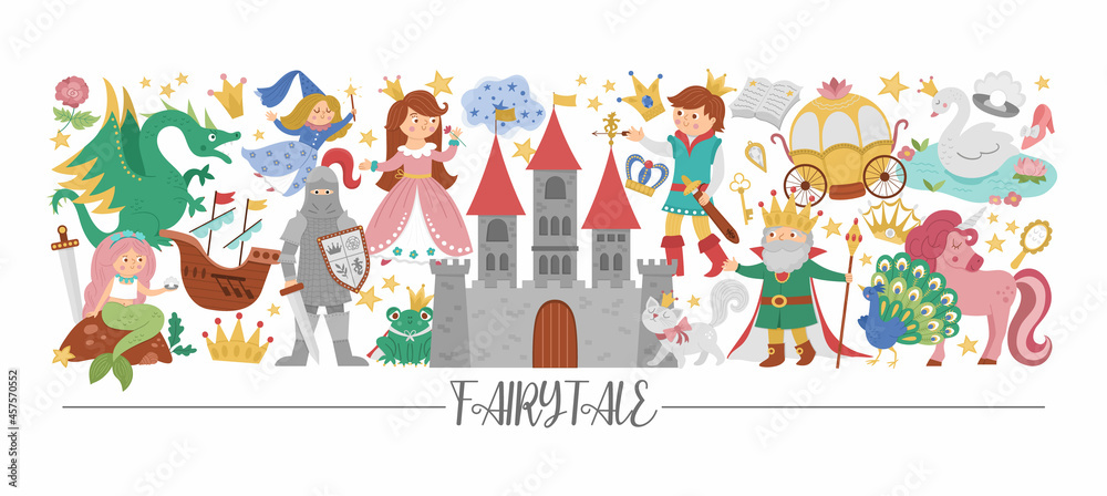 Stockvektorbilden Vector horizontal border set with cute fairy tale ...