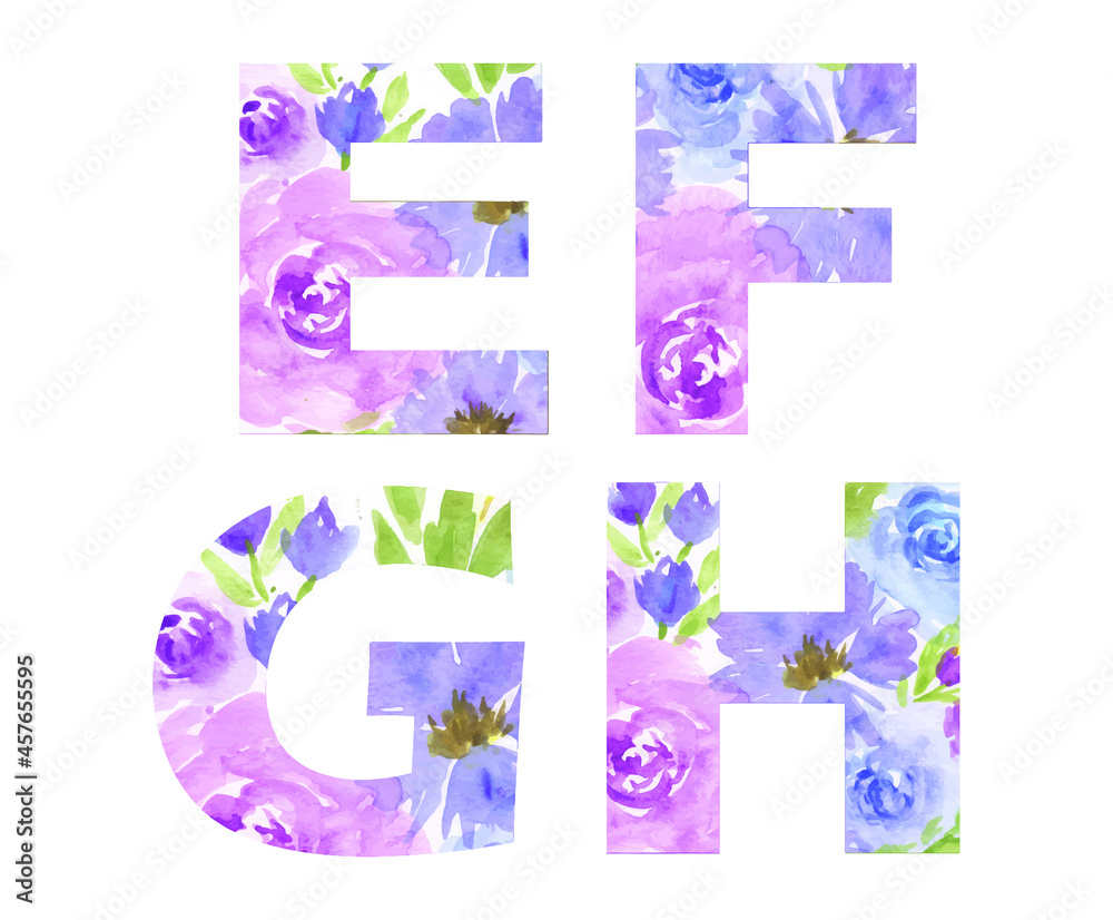 Capital English letters set,Letter EFGH. Vector watercolor alphabet ...