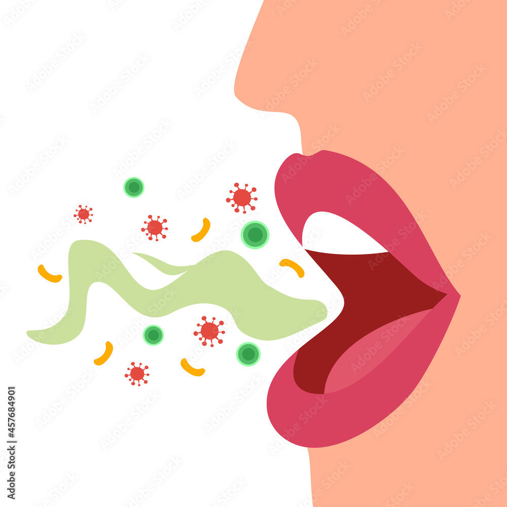 Woman with bad breath in flat design on white background. Smelly mouth ...