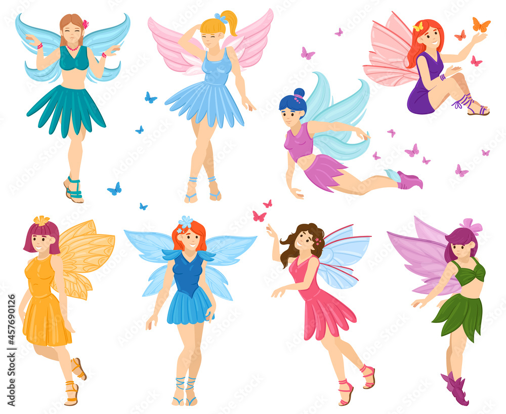 Cartoon magical fairy tale little fairies characters. Cute little ...