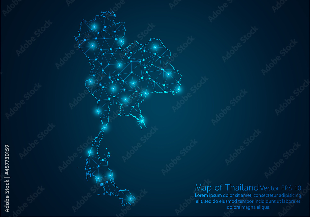 Abstract mash line and point scales on dark background with map of ...