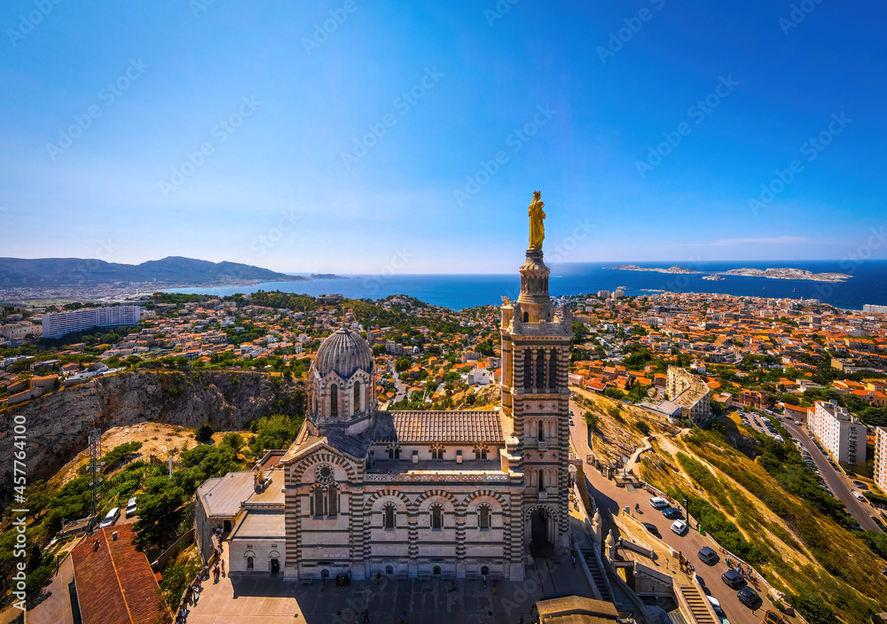 The aerial view of Basilique Notre-Dame-de-la-Garde in Marseille, a ...