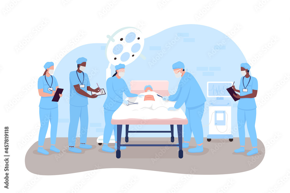 Hospital surgery 2D vector isolated illustration. Doctors and nurses in ...