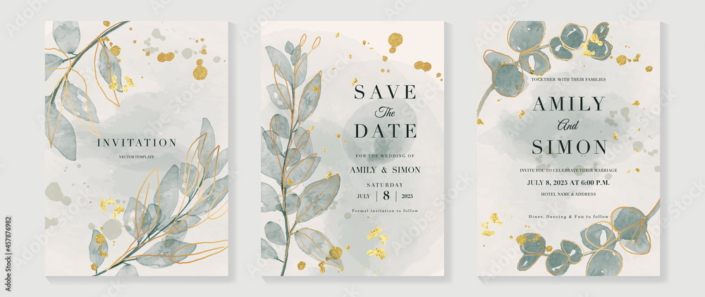 Green luxury wedding invitation card background with golden line art ...