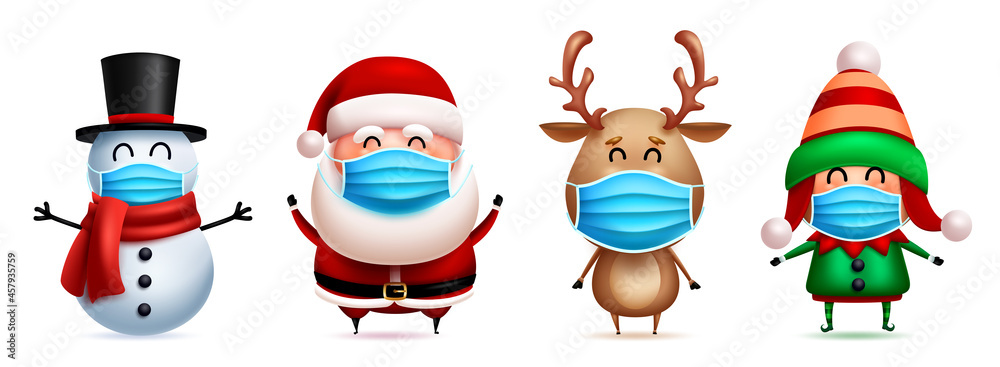 Christmas characters in facemask vector set. Santa claus, elf, snowman ...