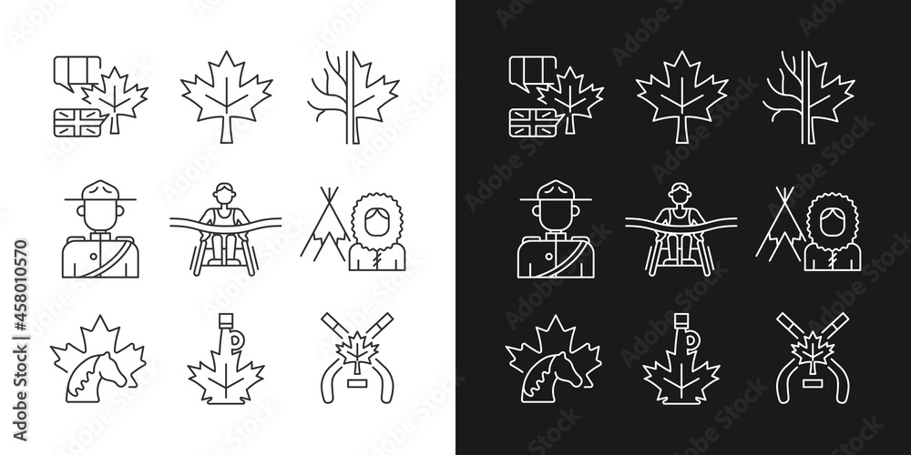 Stock-Vektorgrafik „Canadian representation linear icons set for dark ...