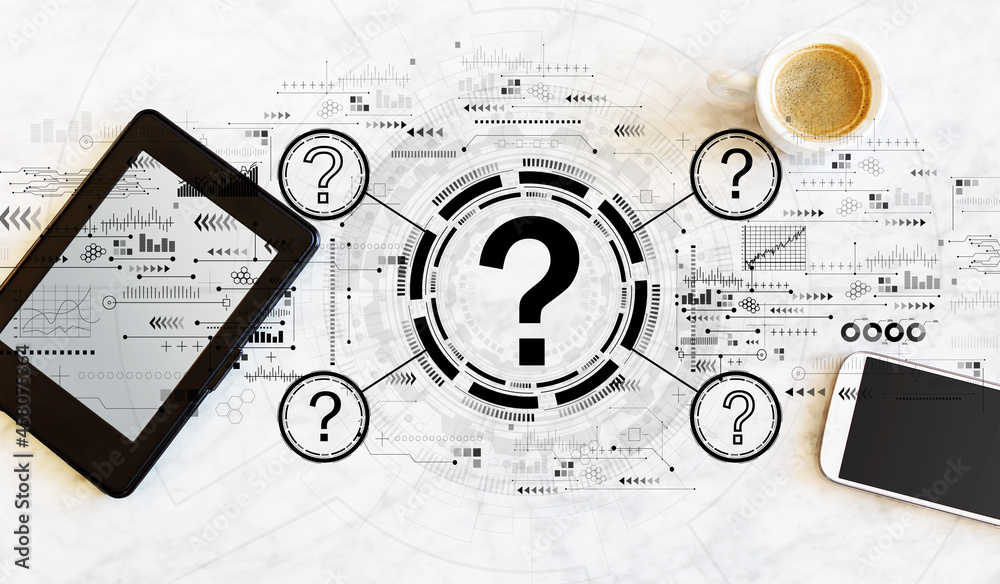 Question marks with a tablet computer and smart phone Stock Photo | Adobe Stock