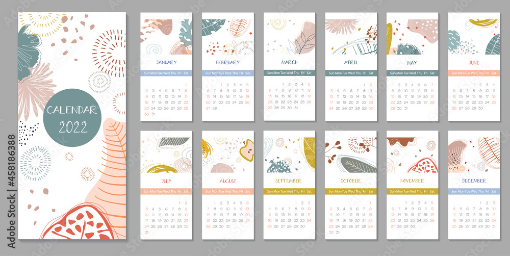 2022 trendy calendar design. Set of 12 months. Week starts on Sunday ...