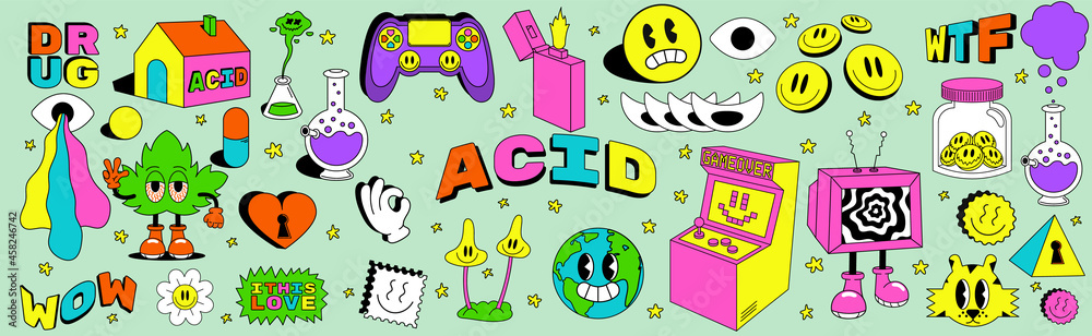 Vector de Stock Large pack of acidic abstract characters and objects ...