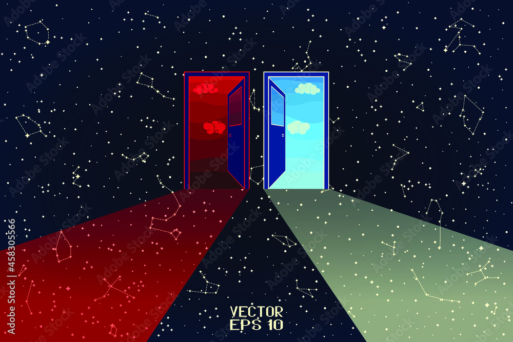 Open Doors to Heaven and to Hell Isolated on Starry Night Sky ...