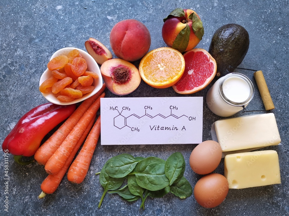 Food rich in vitamin A (retinol) with structural chemical formula of ...